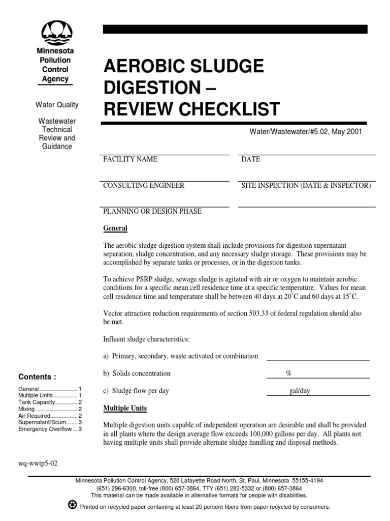 Aerobic Sludge Digestion - Review Checklist: General | PDF | Sewage ...