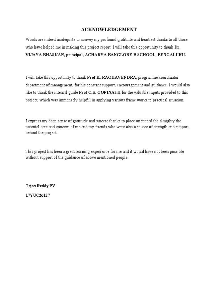 Acknowledgements for Project Report | PDF