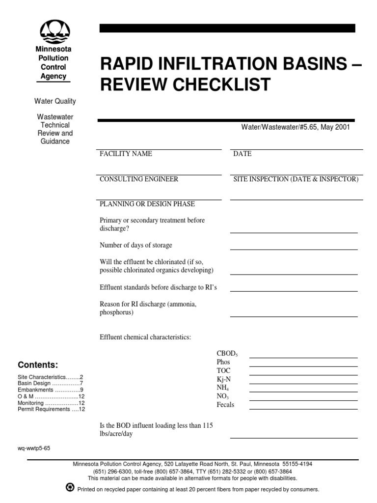 Rapid Infiltration Basins - Review Checklist: Contents | PDF ...
