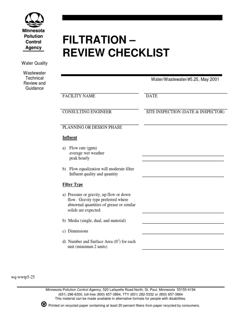 Filtration - Review Checklist: Influent | PDF | Filtration | Sewage ...