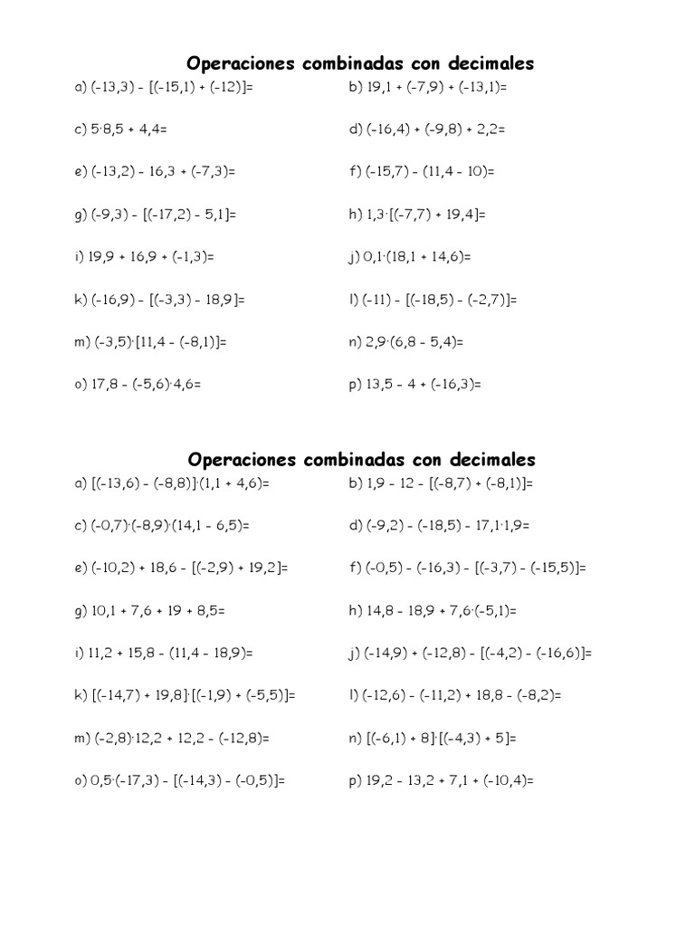 Operaciones Combinadas Decimales | PDF