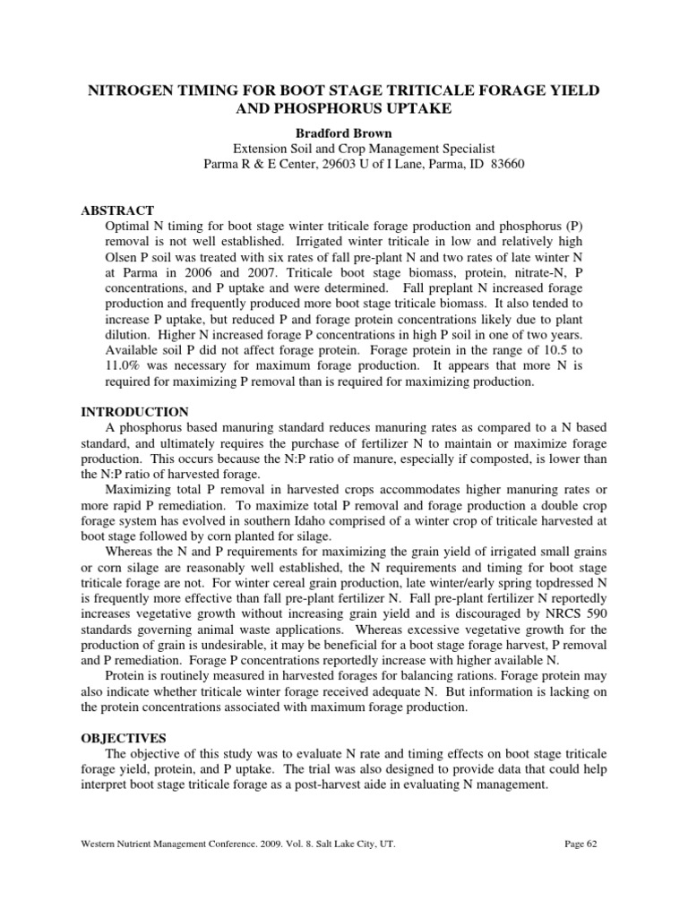 Nitrogen Timing For Boot Stage Triticale Forage Yield and Phosphorus ...