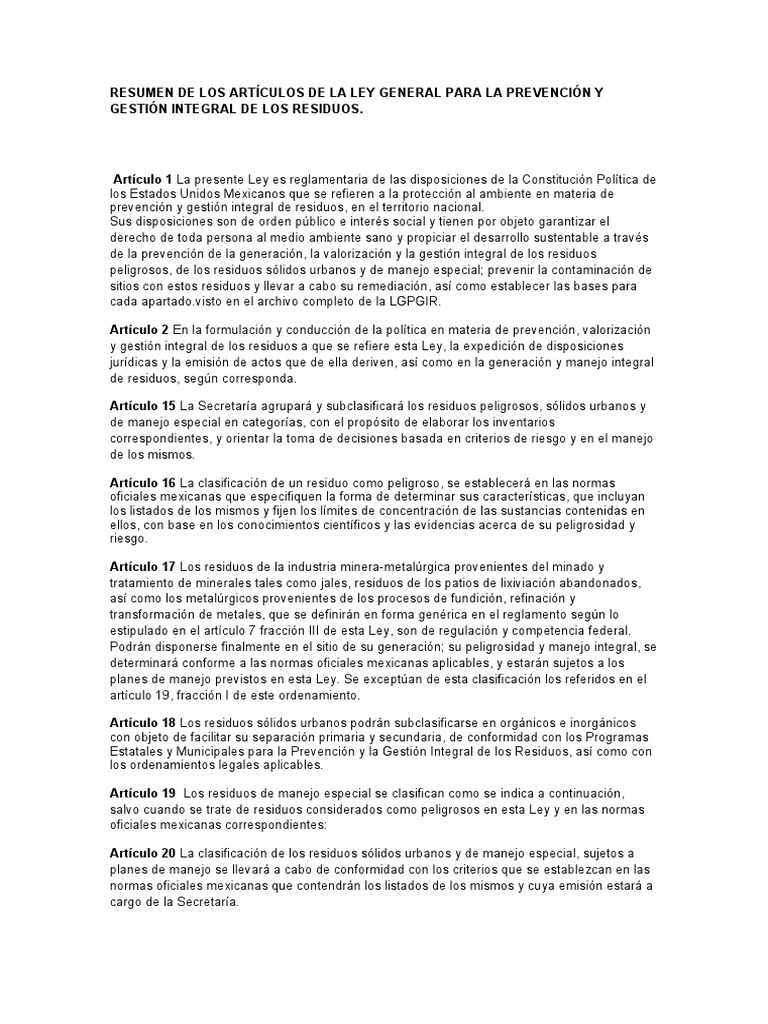 Resumen de Ley General para La Prevención y Gestión Integral de Los Residuos | PDF | Residuos ...