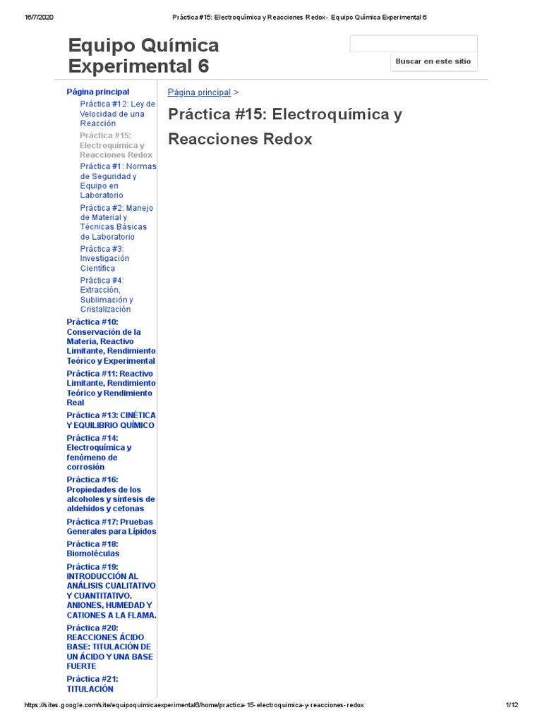 Práctica #15 - Electroquímica y Reacciones Redox - Equipo Química Experimental 6 PDF | PDF ...