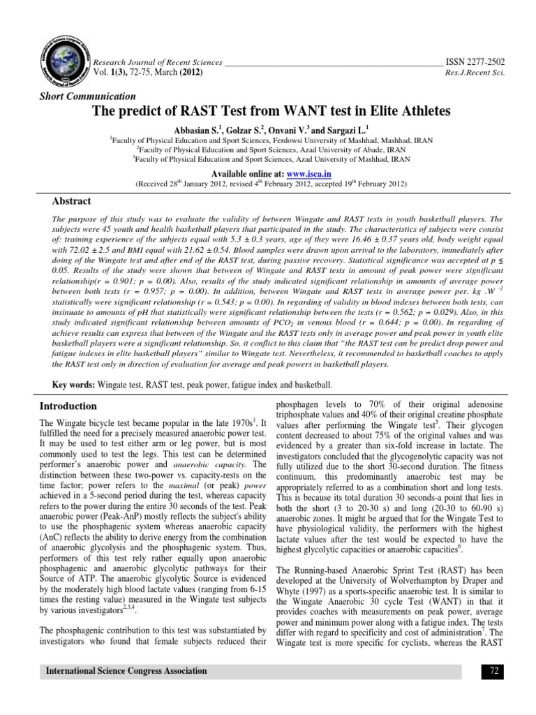 The Predict of RAST Test From WANT Test in Elite Athletes: Short ...
