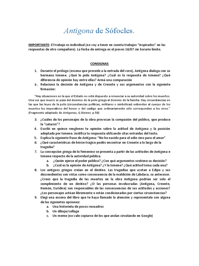 Antígona de Sófocles. Actividades | PDF | Sófocles | Tragedia