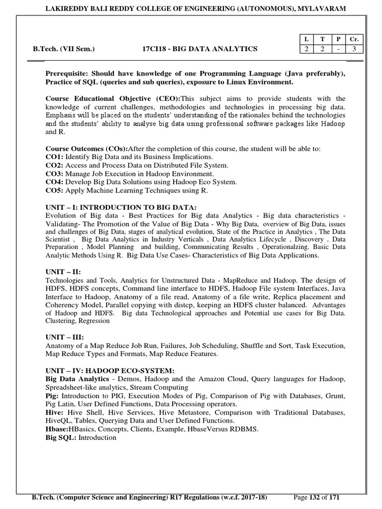 17ci18 - Big Data Analytics | PDF | Apache Hadoop | Big Data