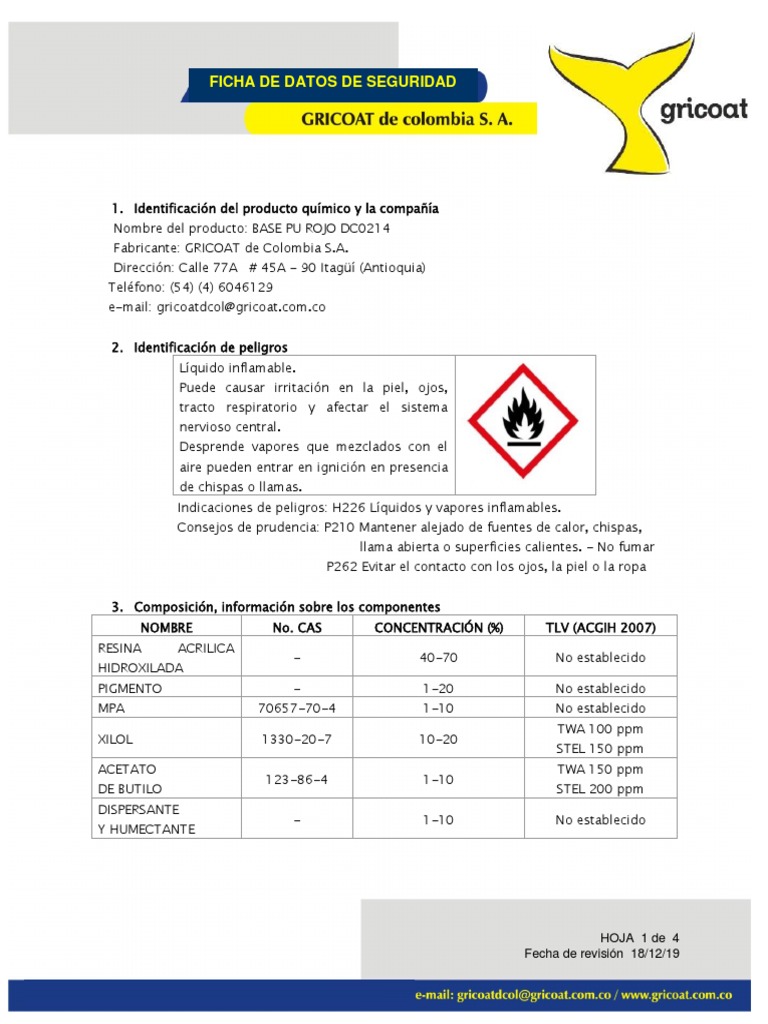 MSDS Base Pu Rojo DC0214 | Descargar gratis PDF | Combustión | Dióxido ...