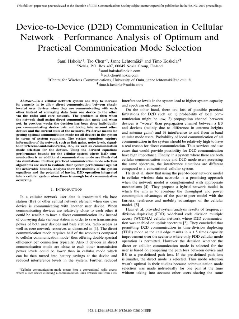 Device-to-Device (D2D) Communication in Cellular Network - Performance Analysis of Optimum and ...