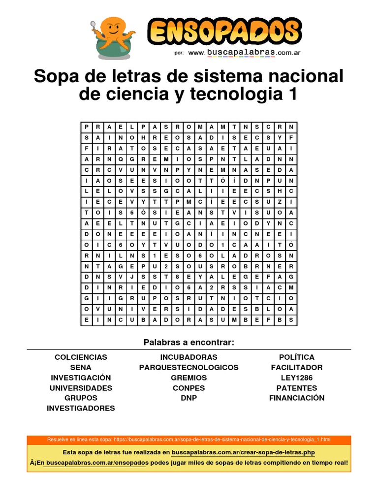 Sopa de Letras de Sistema Nacional de Ciencia y Tecnologia - 1 | PDF ...