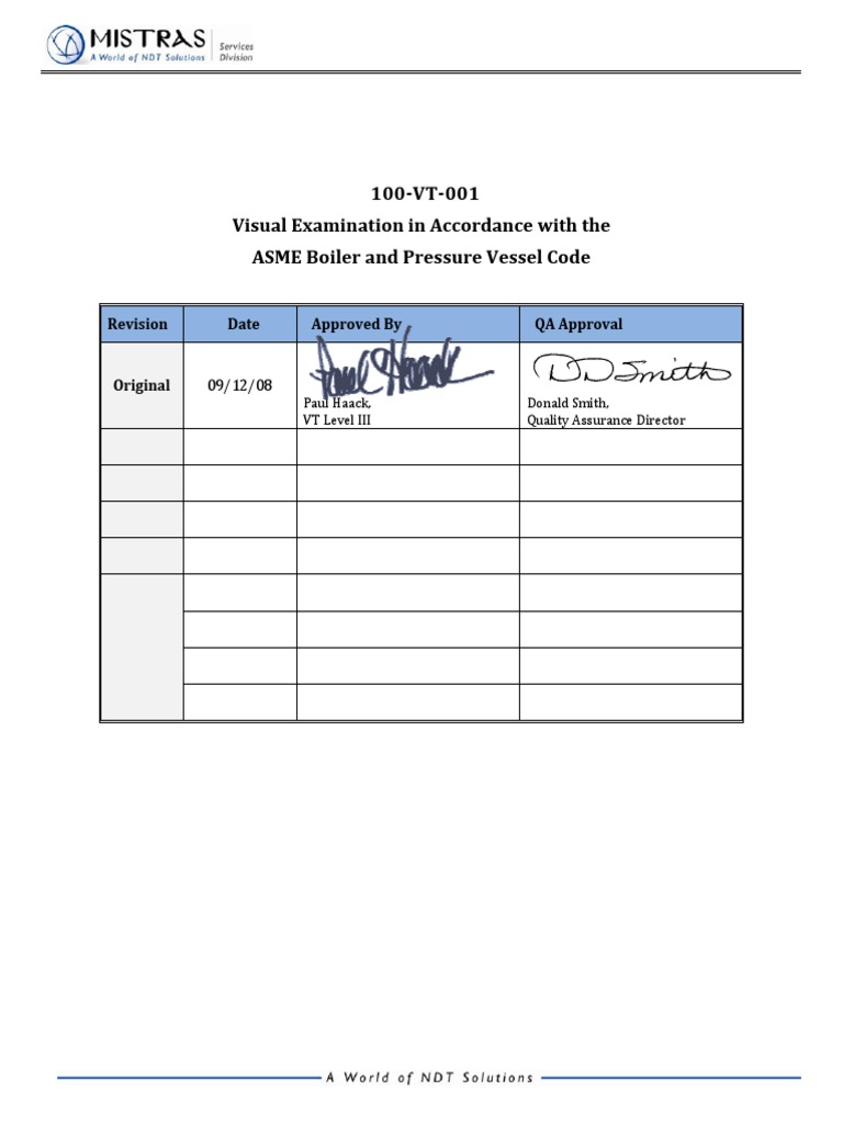 100 VT 001 Visual Examination in Accordance With The ASME Boiler and ...