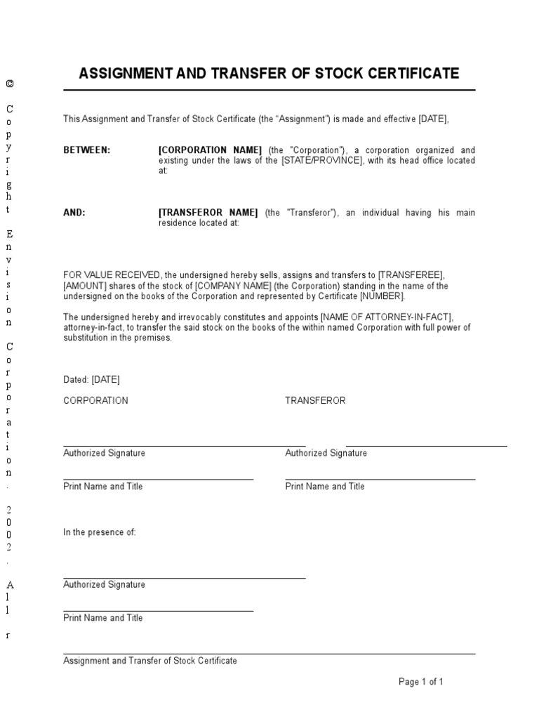 Assignment and Transfer of Stock Certificate | PDF