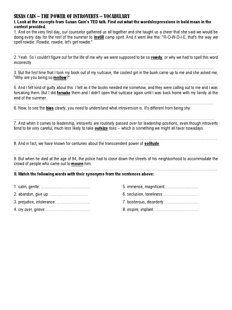 SUSAN CAIN The Power of Introverts - Vocabulary - Handout | PDF ...