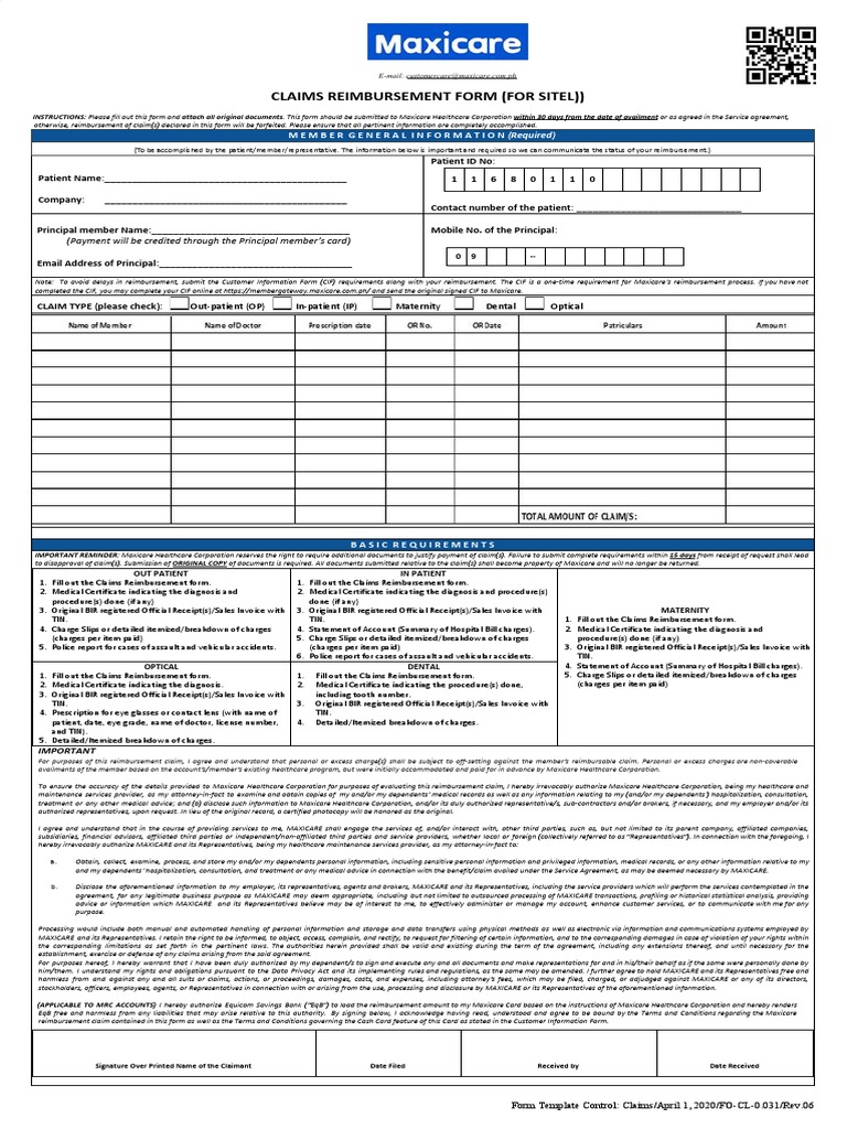 SITEL - Claims Reimbursement Form Rev.06 PDF | Download Free PDF ...