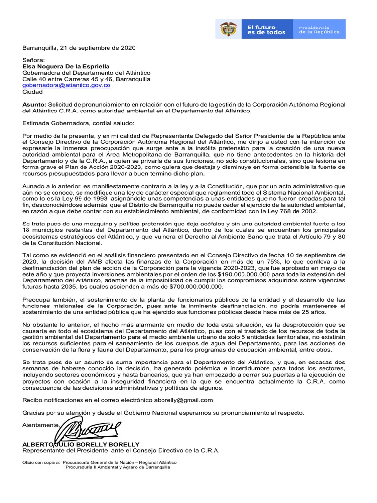 Carta de Consejero de La CRA A La Gobernadora Elsa Noguera | PDF ...
