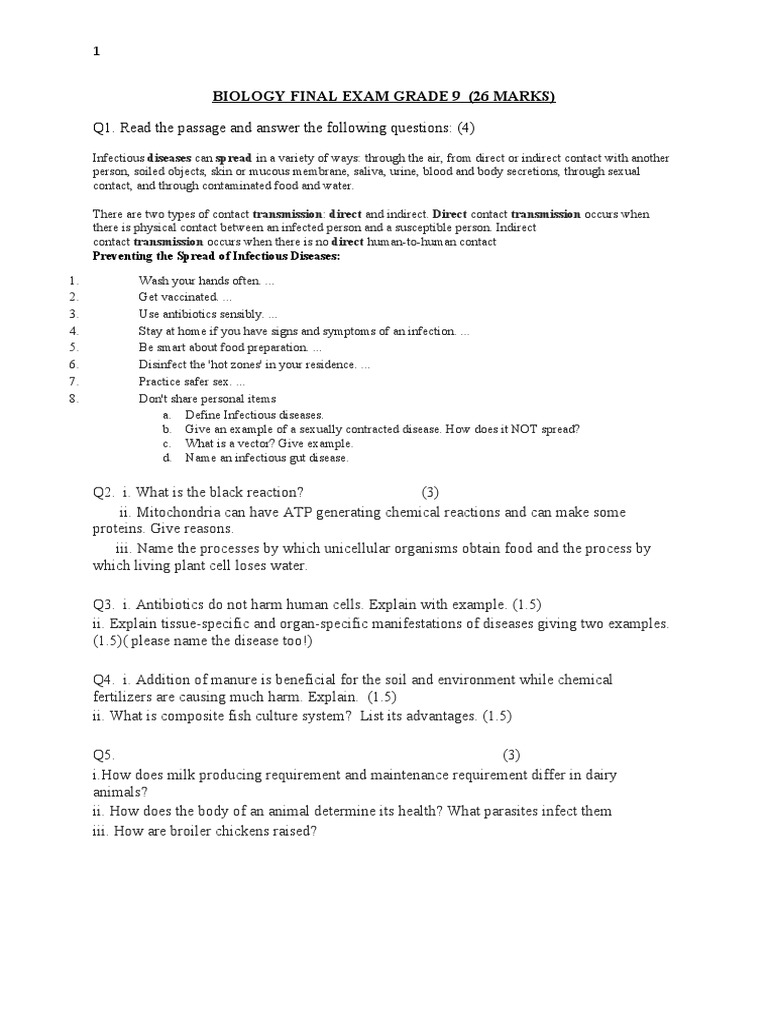 Grade 9 Biology Exam Prep | PDF | Transmission (Medicine) | Infection