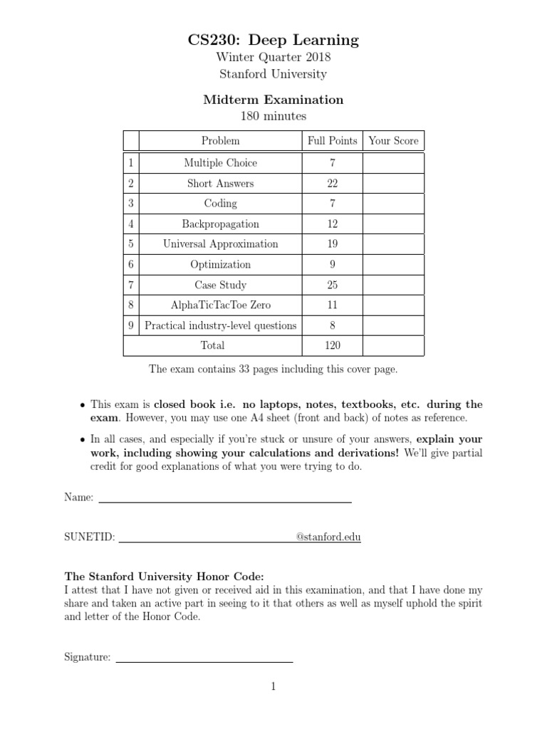 Cs230 Deep Learning Winter Quarter 2018 Stanford University Midterm Examination 180 Minutes 