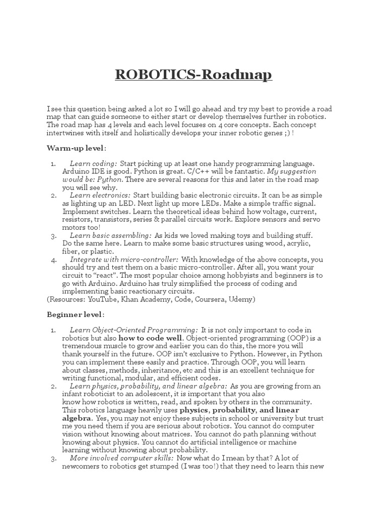 ROBOTICS-Roadmap: Warm-Up Level | PDF | Robotics | Computer Vision