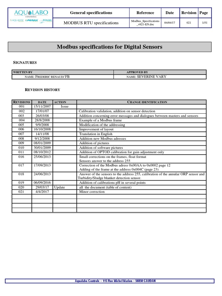 Modbus Specifications For Digital Sensors | PDF | Specification (Technical Standard) | Calibration