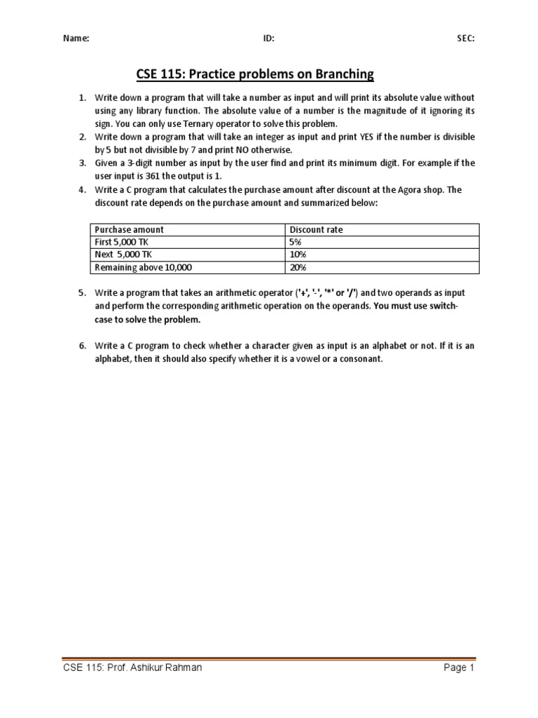 CSE 115: Practice Problems On Branching: Case To Solve The Problem | PDF