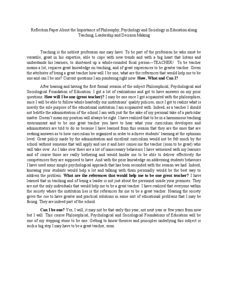 Reflection Paper About The Importance of Philosophy | PDF | Teachers ...