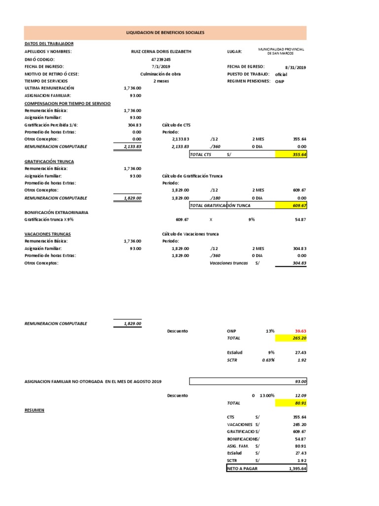 Liquidación CTS Modelo | PDF | Compensación laboral | Salario