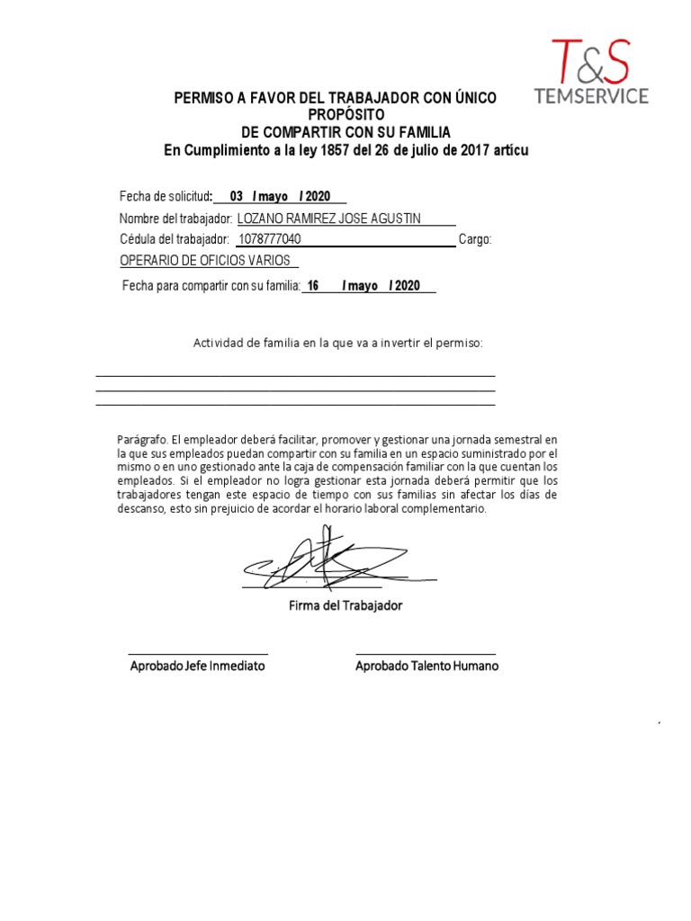 PERMISO A FAVOR DEL TRABAJADOR Jose Con Firma PDF | PDF