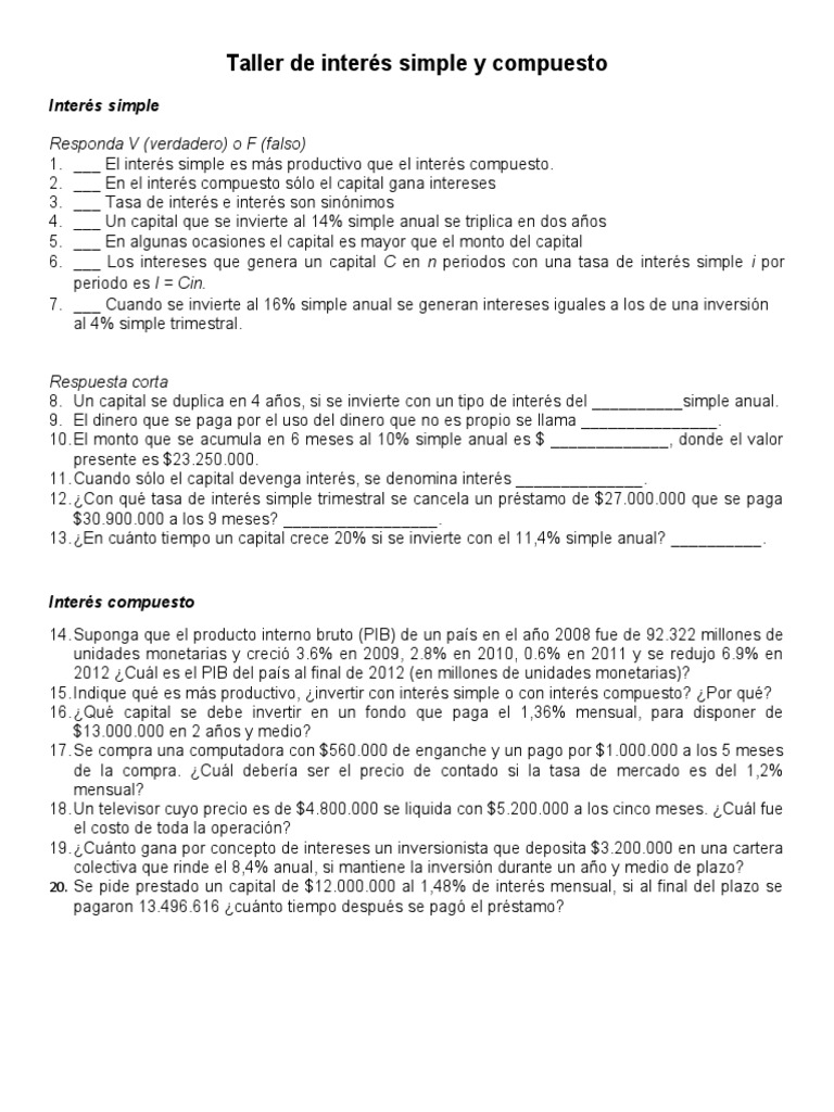 Taller de Interés Simple y Compuesto | PDF | Economias | Dinero