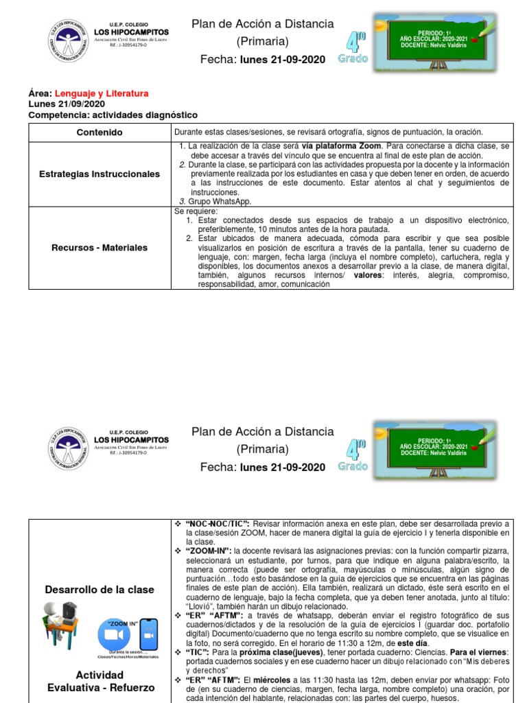 Plan de Acci N 4 Grado Lenguaje Lunes 21 09 20 PDF | PDF | Semiótica | Comunicación