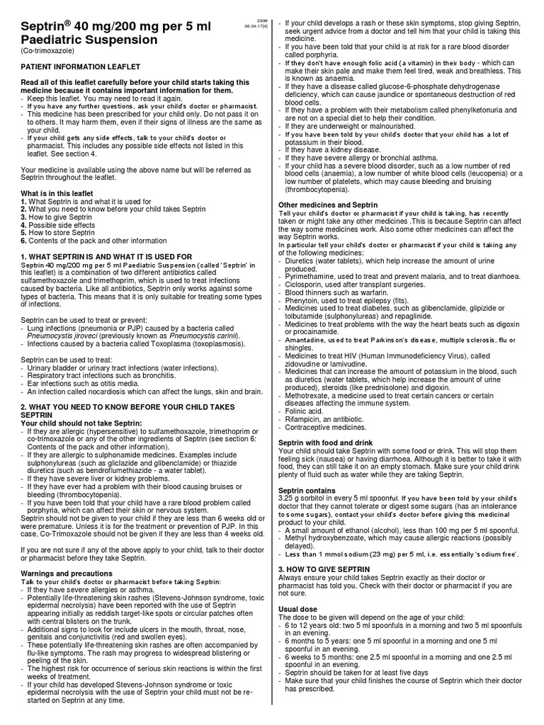 Septrin 40 mg/200 MG Per 5 ML Paediatric Suspension: Pneumocystis ...