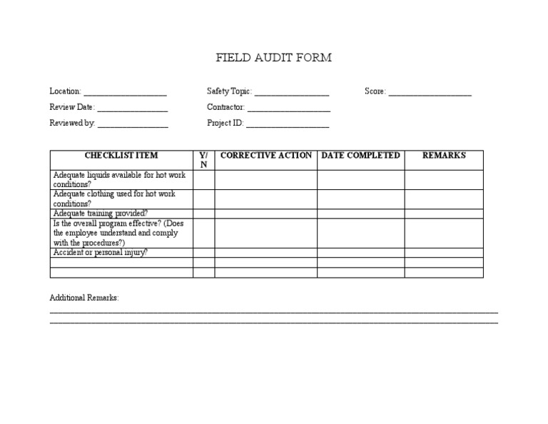Field Audit Form: Checklist Item Y/ N Corrective Action Date Completed ...