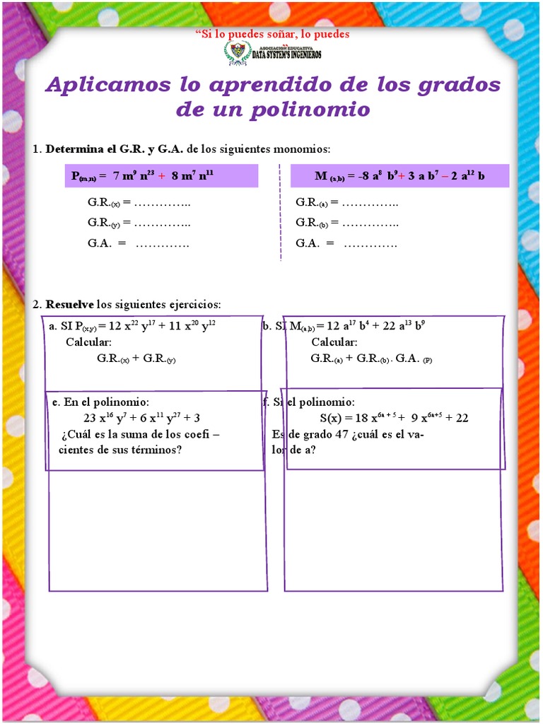 Ficha de Actividad - Grados de Un Polinomio | PDF