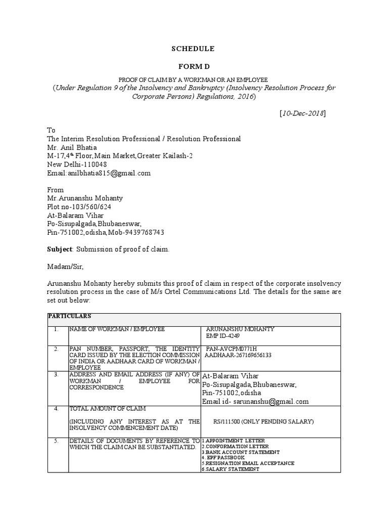 Ibc NCLT Form-D For Bhatia PDF | PDF | Bankruptcy | Liability ...