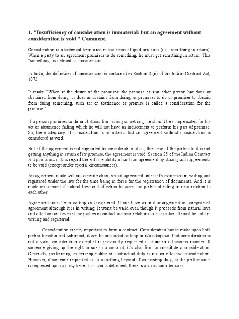 "Insufficiency of Consideration Is Immaterial: But An Agreement Without ...