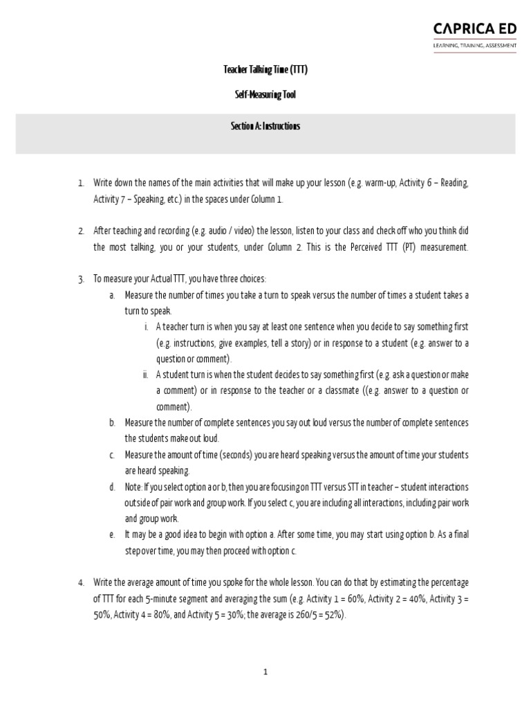 Teacher Talking Time (TTT) Self-Measuring Tool | PDF | Cognition | Learning