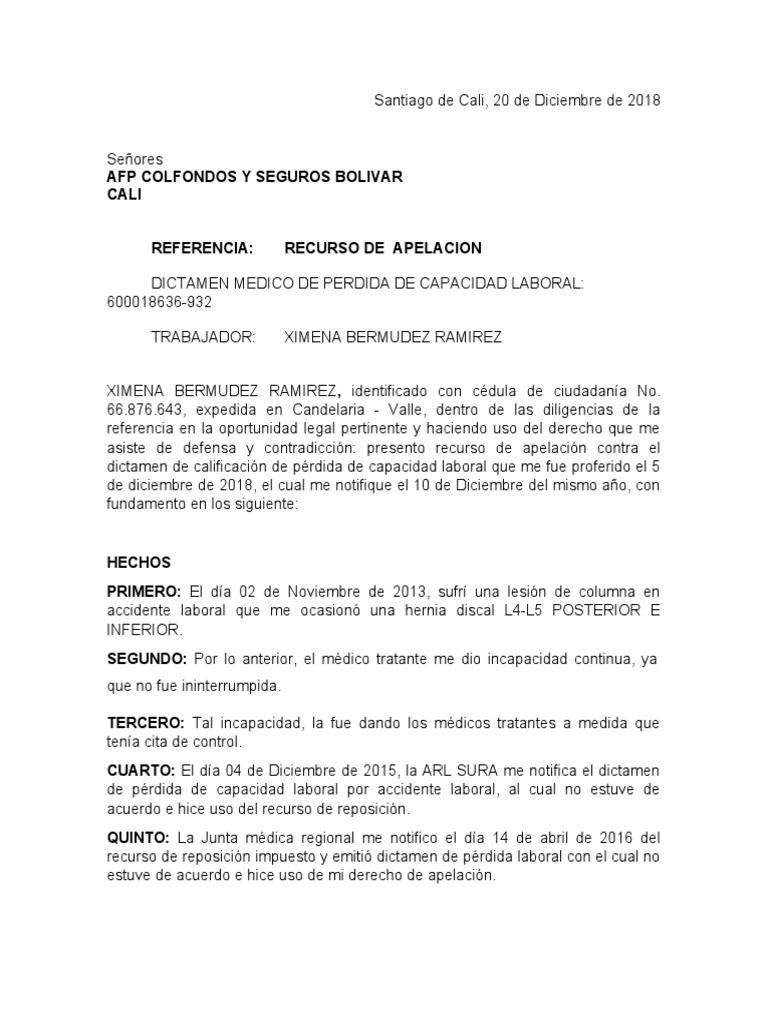 Apelacion Dictamen Seguros Bolivar | PDF | Enfermedades y trastornos | Medicina CLINICA