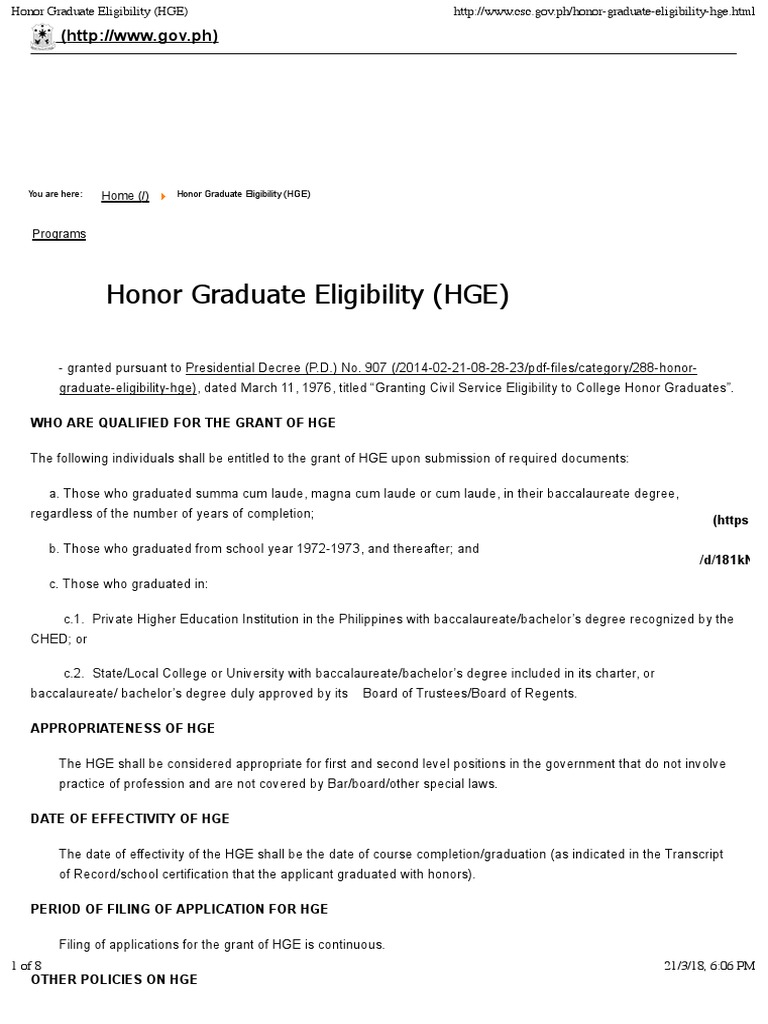 Honor Graduate Eligibility (HGE) | PDF | Identity Document | Government