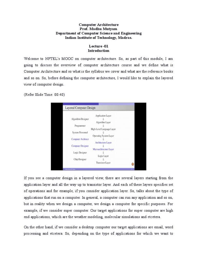 Computer Architecture Prof. Madhu Mutyam Department of Computer Science and Engineering Indian ...