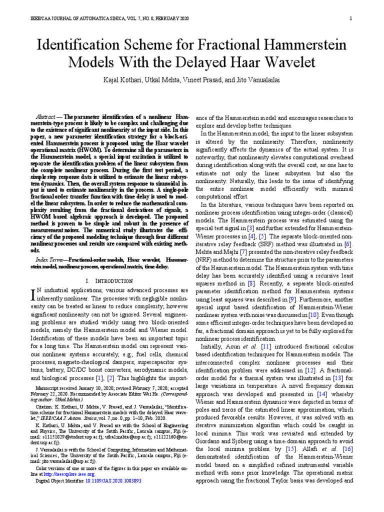 Identification Scheme For Fractional Hammerstein Models With The Delayed Haar Wavelet PDF | PDF ...