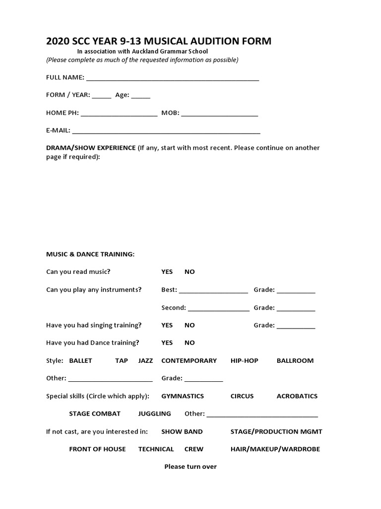 Audition Form PDF | PDF | Audition | Performing Arts