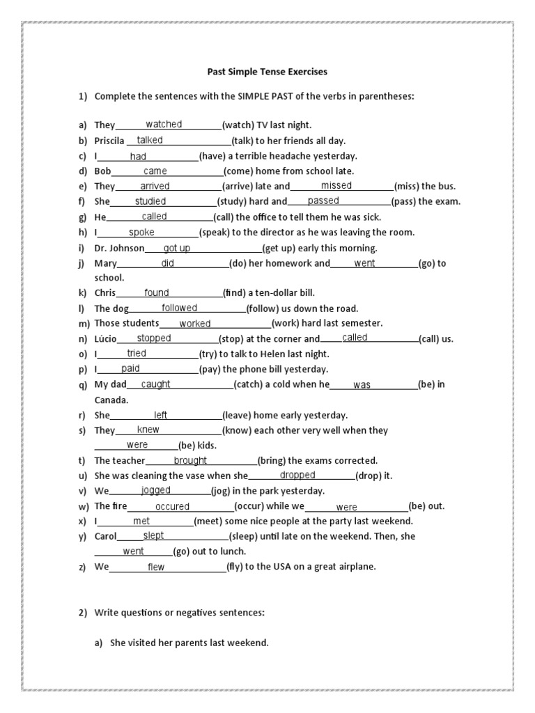 Past Simple Tense Exercises | PDF | Grammar