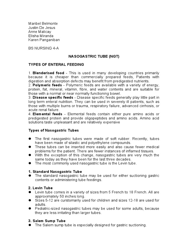 Nasogastric Tube (NGT) Types of Enteral Feeding | PDF | Medicine ...