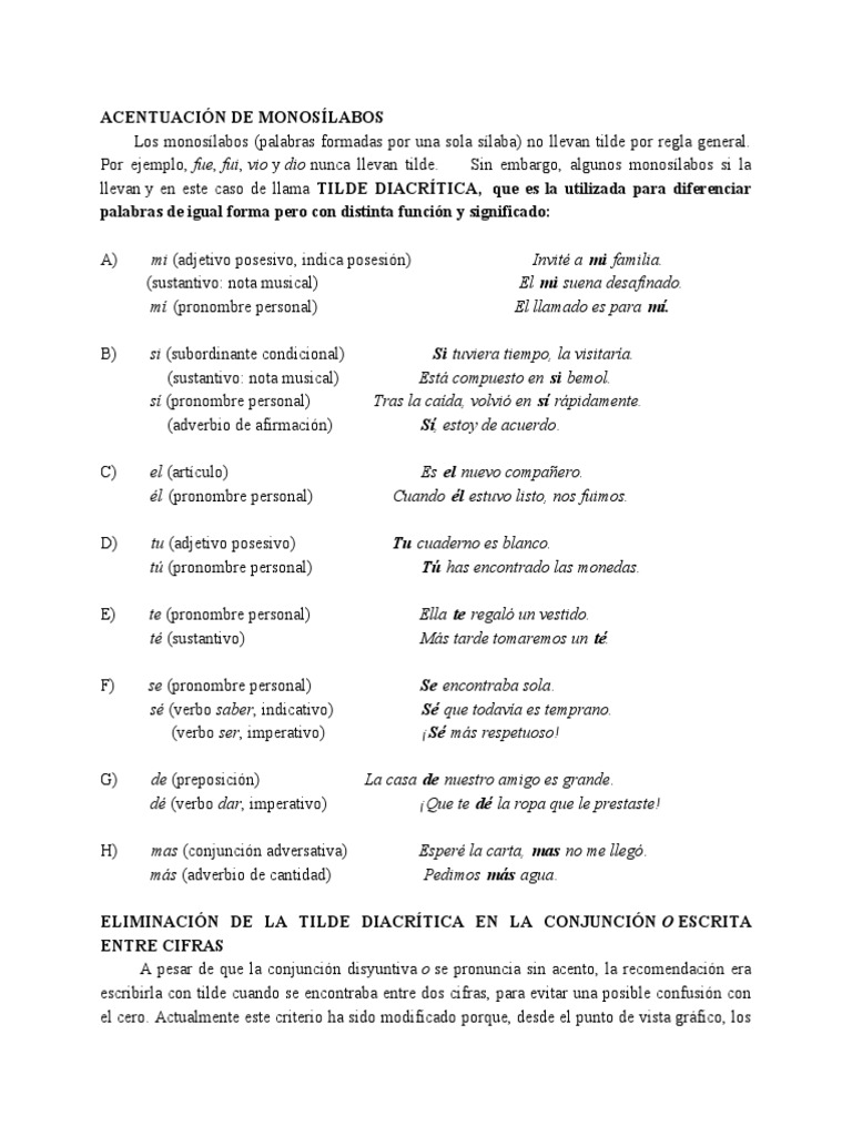 Acentuación de Monosílabos, Tilde Diacrítica, Enfática | PDF ...