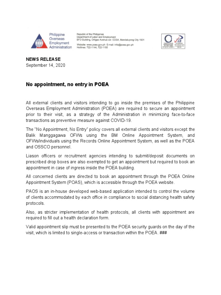 NR - No Appointment, No Entry in POEA | PDF