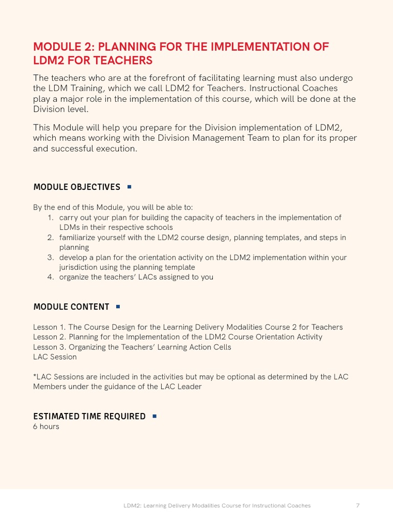 LDM2 (Coaches) - Module 2 - Planning For The Implementation of LDM2 For Teachers | PDF ...