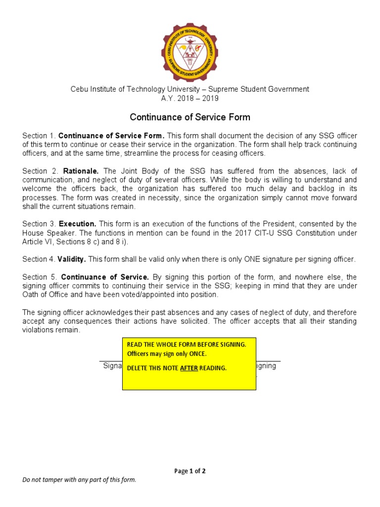 Continuance of Service Form | PDF | Presidents Of The United States ...