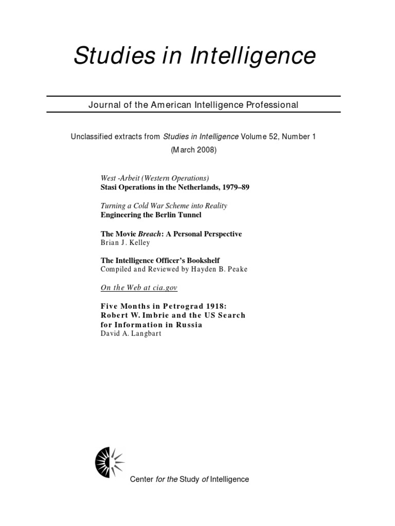 Studies in Intelligence Journal Examines Stasi Operations in the ...