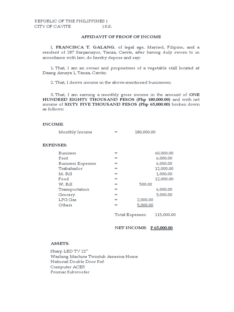 Affidavit of Proof of Income | PDF | Affidavit | Document