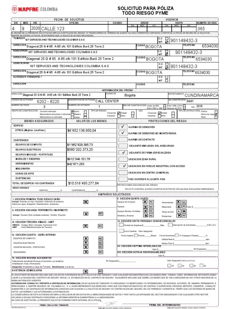 Solicitud Todo Riesgo Pyme Mapfre | PDF | Póliza de seguros | Seguro