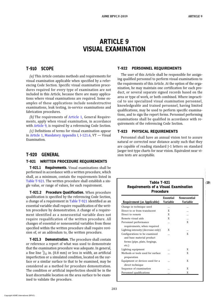 Asme V 2017 Art 9 VT | PDF | Test (Assessment) | Optics
